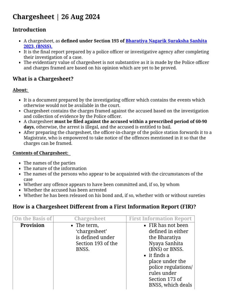 Chargesheet Under Bnss 2023 | PDF | Bail | Arrest