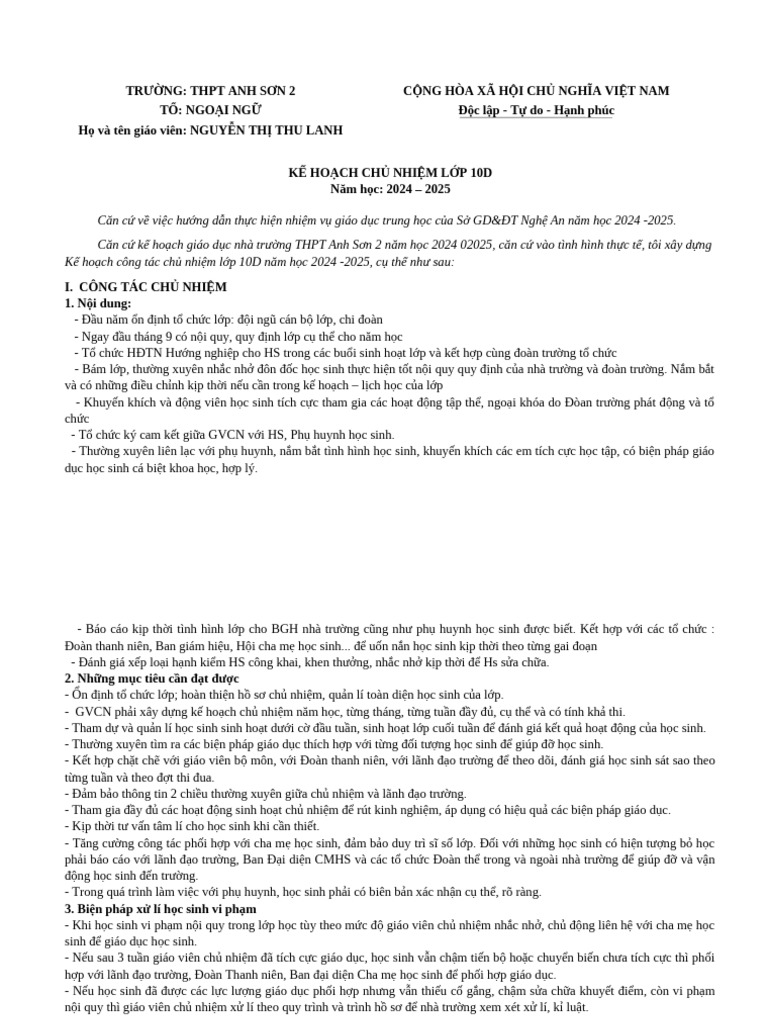 KẾ HOẠCH CHỦ NHIỆM LỚP 10D | PDF