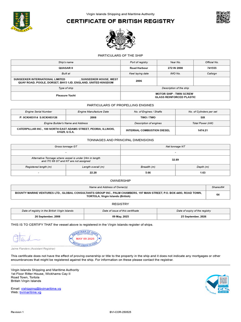 Certificate of Registry Quasar II Expires 9.25.2026 | PDF | Tonnage | Ships