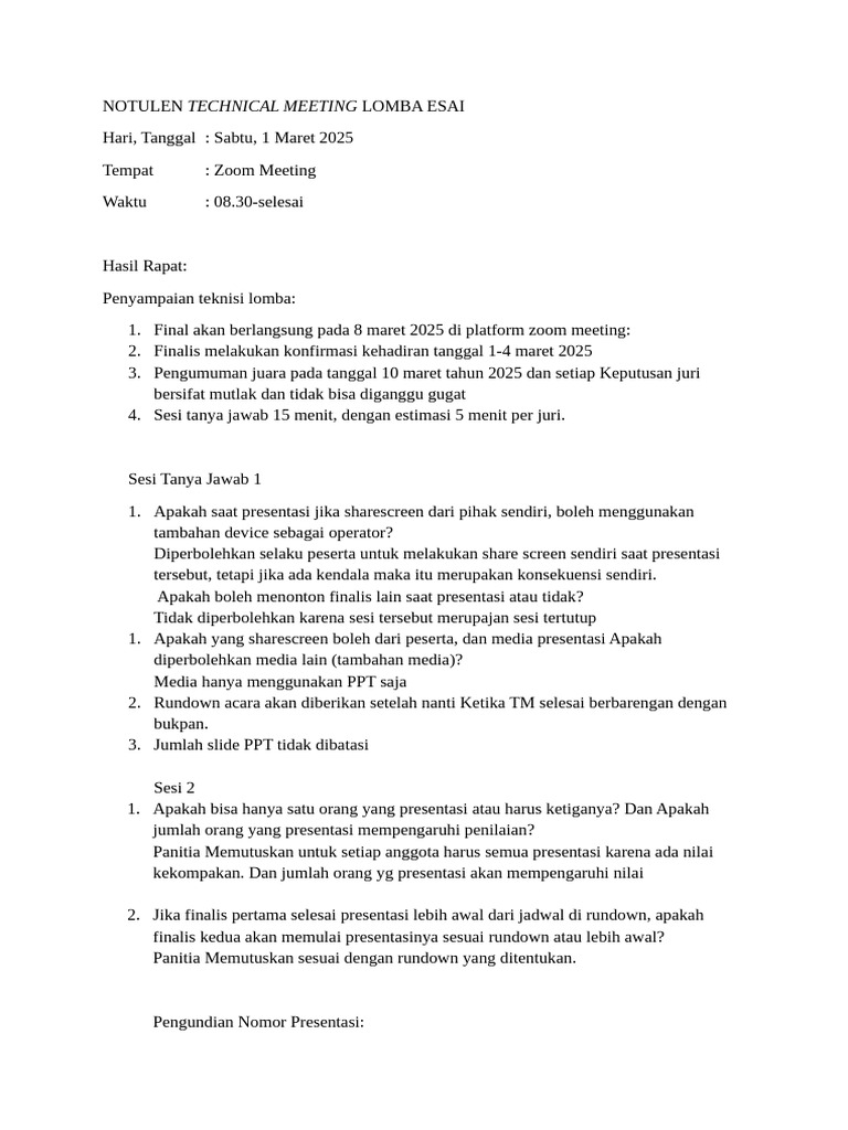 Notulen Technical Meeting Lomba Esai | PDF