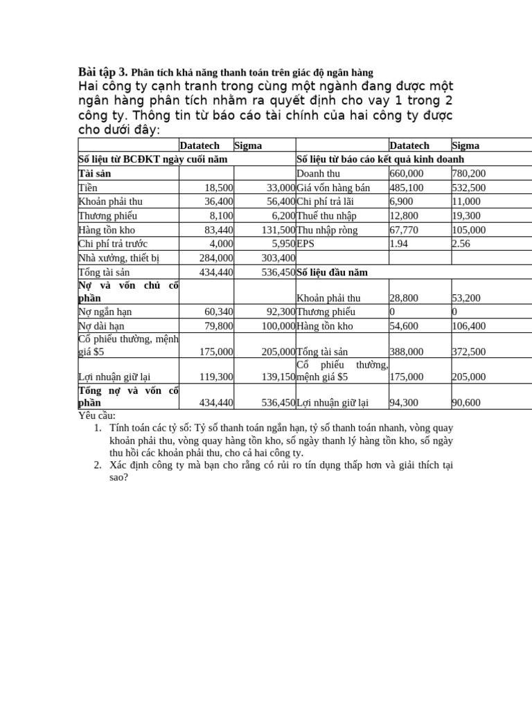 Bai Tap 3. PH N T CH KH - Nang Thanh To N - NH | PDF