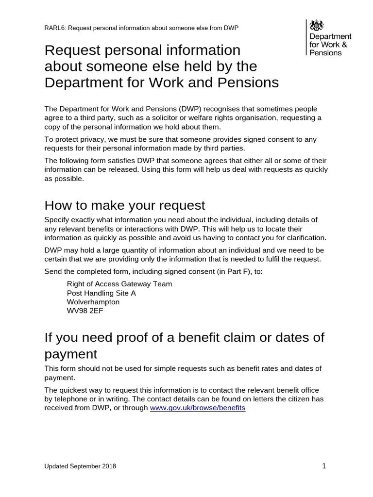 DWP RARL6 Form: Requesting Personal Info | PDF | Social Security | Welfare