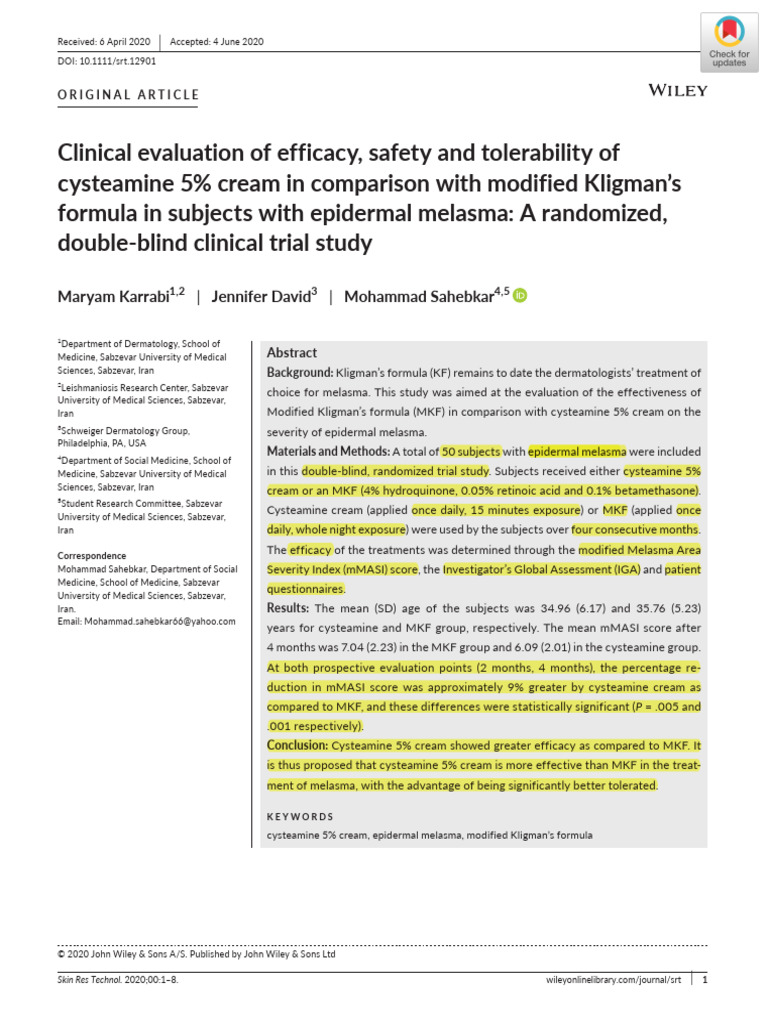 Novo Estudo Da Cisteamina Comparada Ccom A Formula de Kligman ...