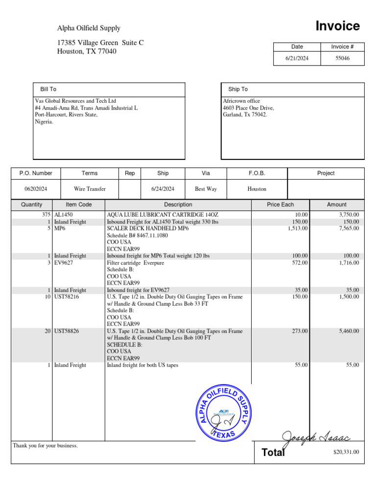 Proforma Invoice For VAS Global | PDF