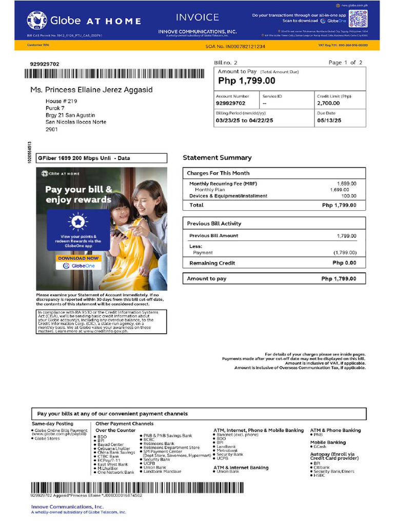 Globe Bill - 929929702 | PDF