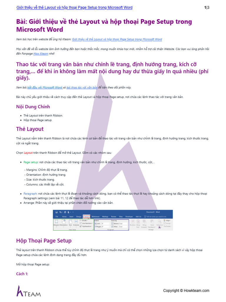 HOWKTEAM.VN - Giới thiệu về thẻ Layout và hộp thoại Page Setup trong Microsoft Word | PDF