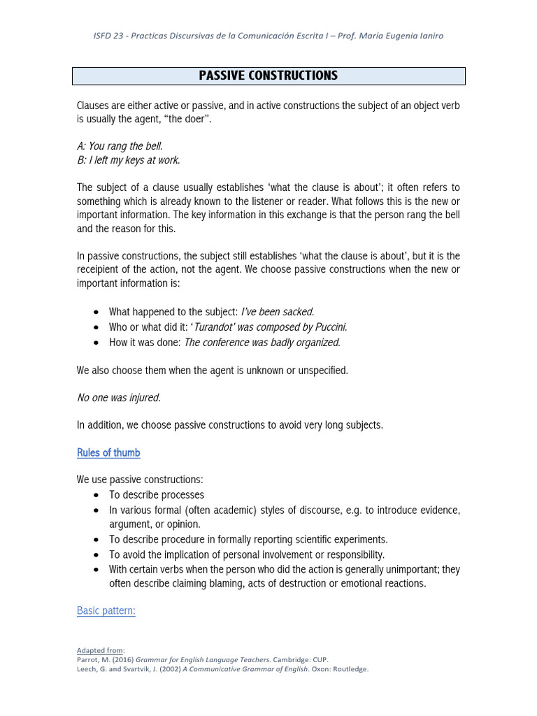 Passive Constructions PDF | PDF | Subject (Grammar) | Verb