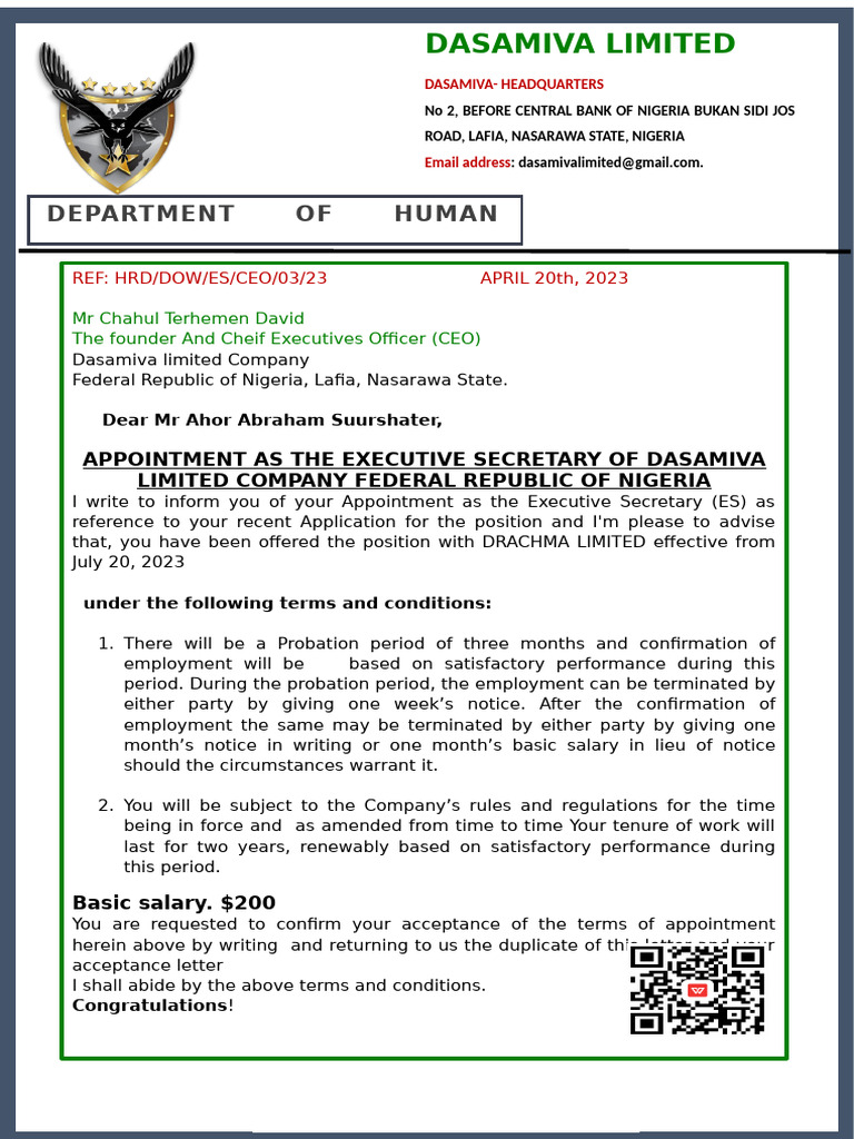 Appointment as Executive Secretary | PDF