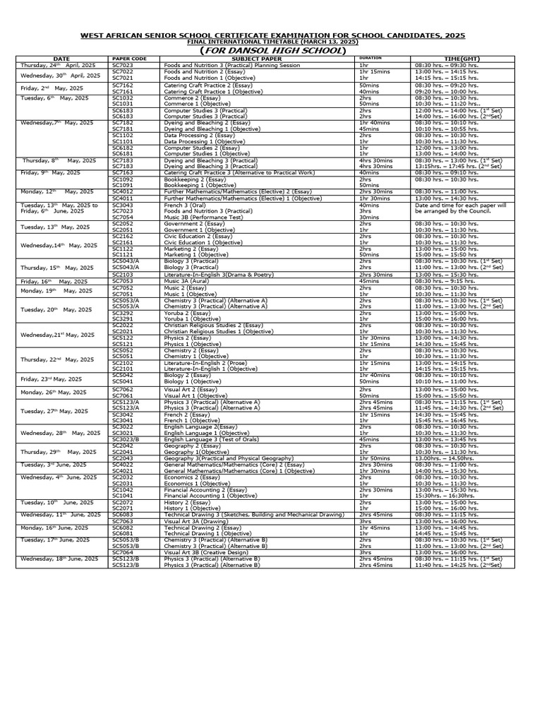 Waec Timetable 2025 - 250324 - 144855 | PDF