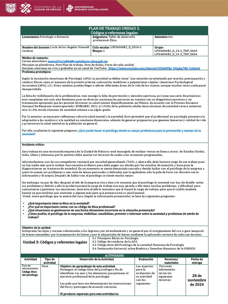 Plan de Trabajo U3 - TDP-E - Lucía Manuell | PDF | Ansiedad | Sicología