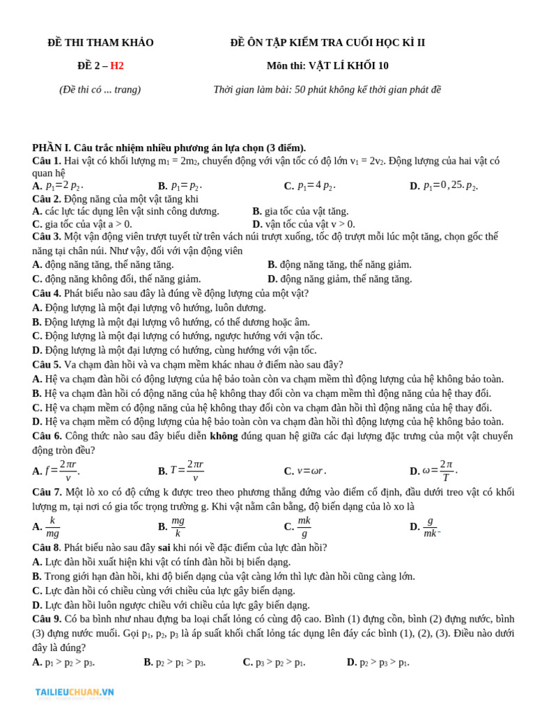 Đề 2 - CK2 Lý 10 - Form 2025 - H2 | PDF