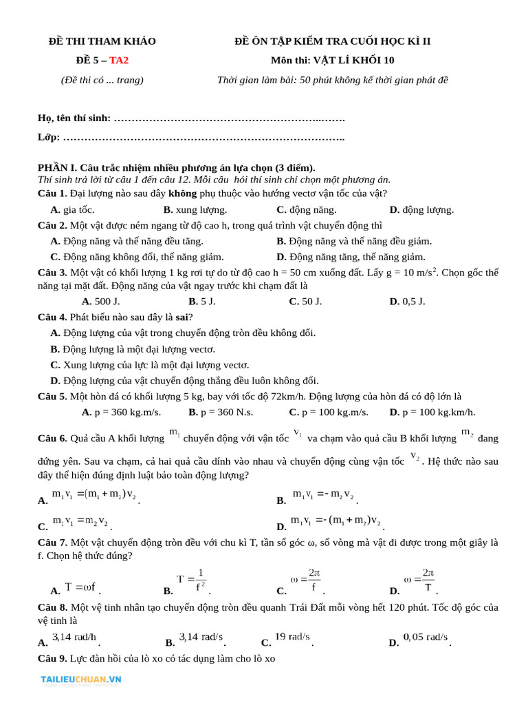 ĐỀ 5 - CK2 LÝ 10 - FORM 2025 - TA2 | PDF
