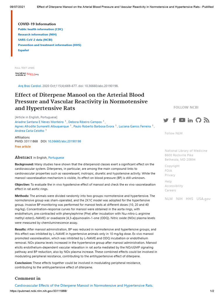 Effect of Diterpene Manool On The Arterial Blood Pressure and Vascular ...