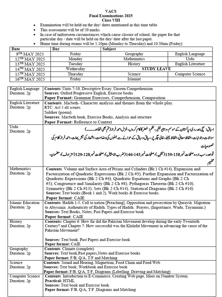 Class 8 Final Examination Syllabus 2025 NEW | PDF
