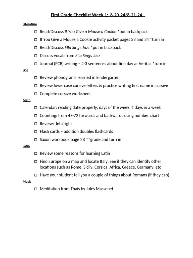 First Grade Checklist 8-19-24 | PDF | Learning
