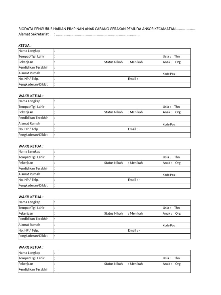 Form Biodata Pengurus | PDF