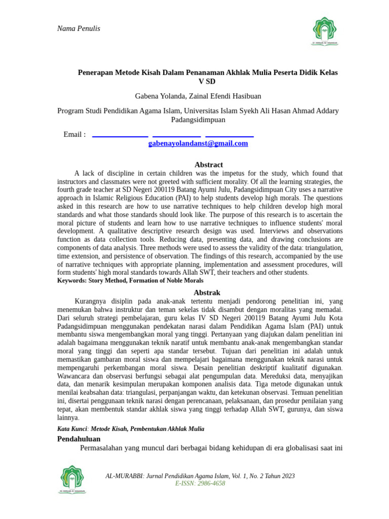 Penerapan Metode Kisah Dalam Penanaman Akhlak Mulia Peserta Didik | PDF