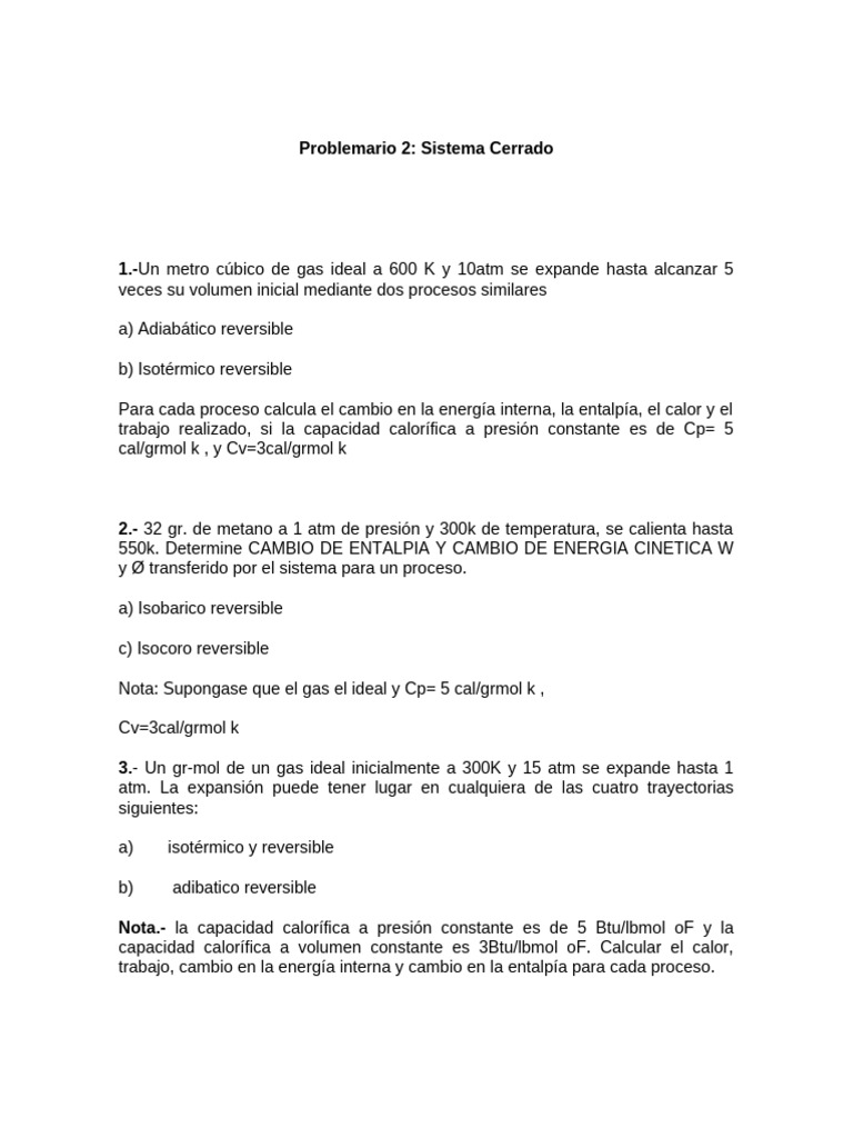 Problemario 2 2025 | PDF | Entalpía | Gases
