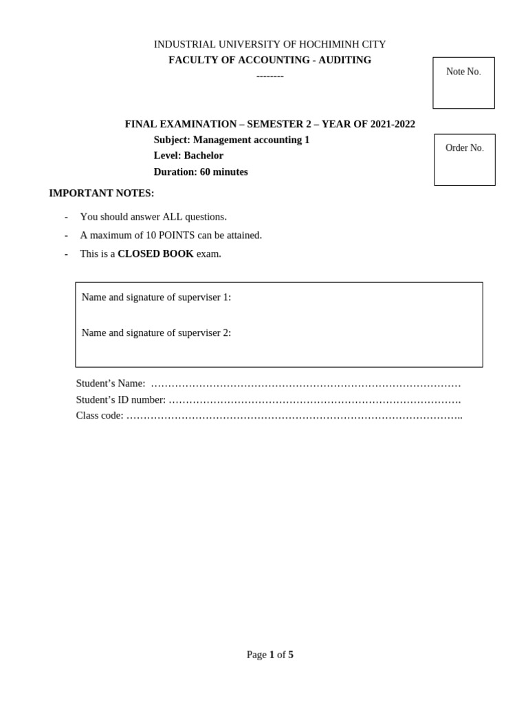 Management Accounting Exam 2022 | PDF | Return On Investment ...