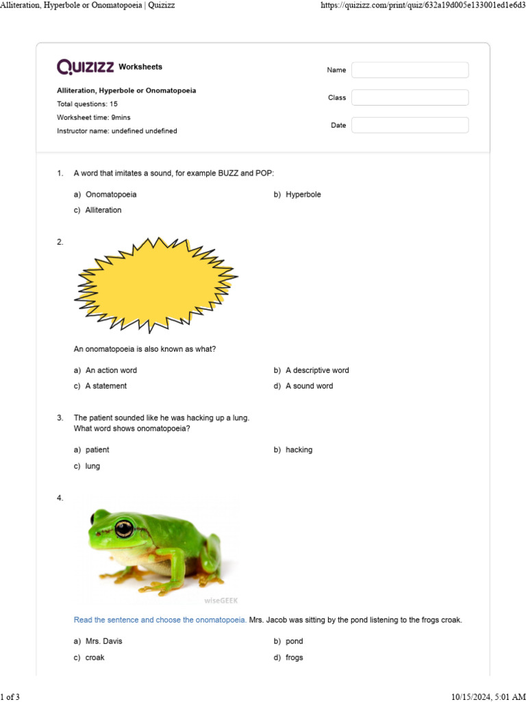 Alliteration, Hyperbole or Onomatopoeia - Quizizz | PDF ...