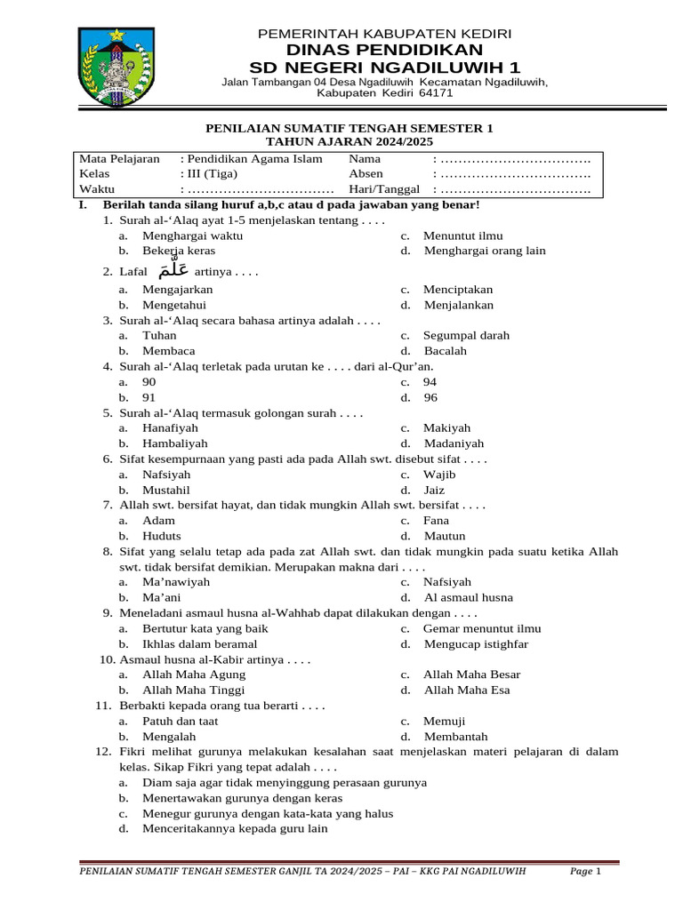 Soal PTS Pai Kelas 3 | PDF