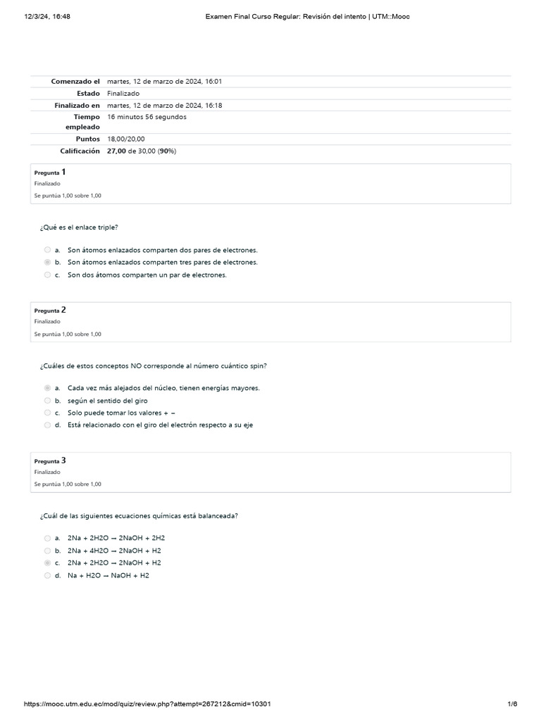 Examen Final Curso Regular - Revisión Del Intento - UTM - Mooc | PDF | Ácido | Sal (química)