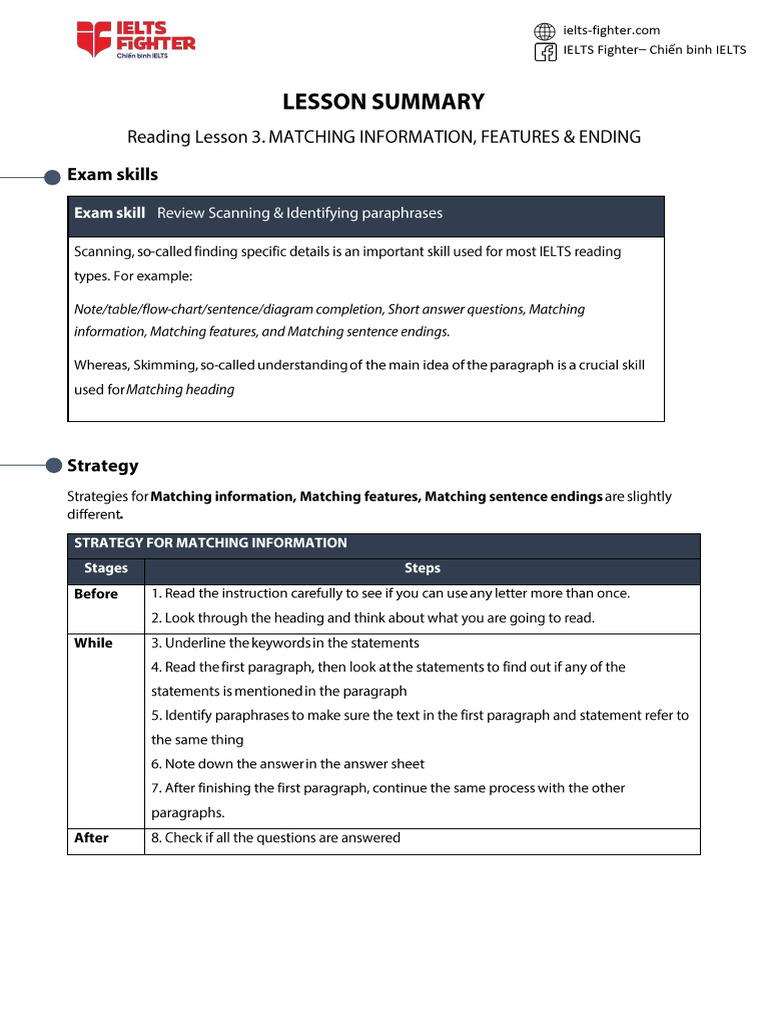 (Fighter 4) LS - Reading - Lesson 3. Matching Information, Features, Endings | PDF