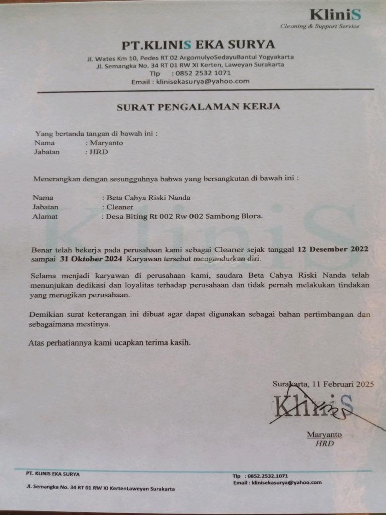 Surat Pengalaman Kerja PT Klinis Eka Surya | PDF