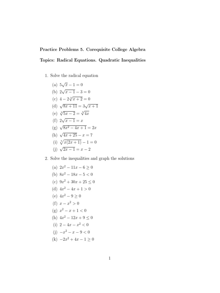 Practice Problems 5 - Radical Equations and Quadratic Inequalities CCA ...