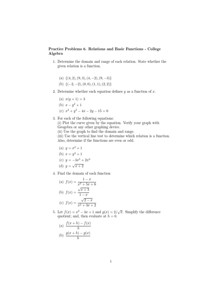 Practice Problems 6 - Relations and Basic Functions CA | PDF | Function ...
