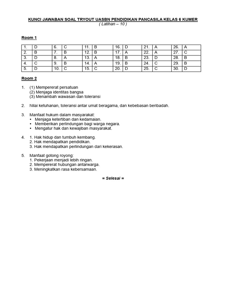 KUNCI JAWABAN SOAL TRYOUT UASBN PENDIDIKAN PANCASILA KELAS 6 KUMER - Latihan 10 | PDF