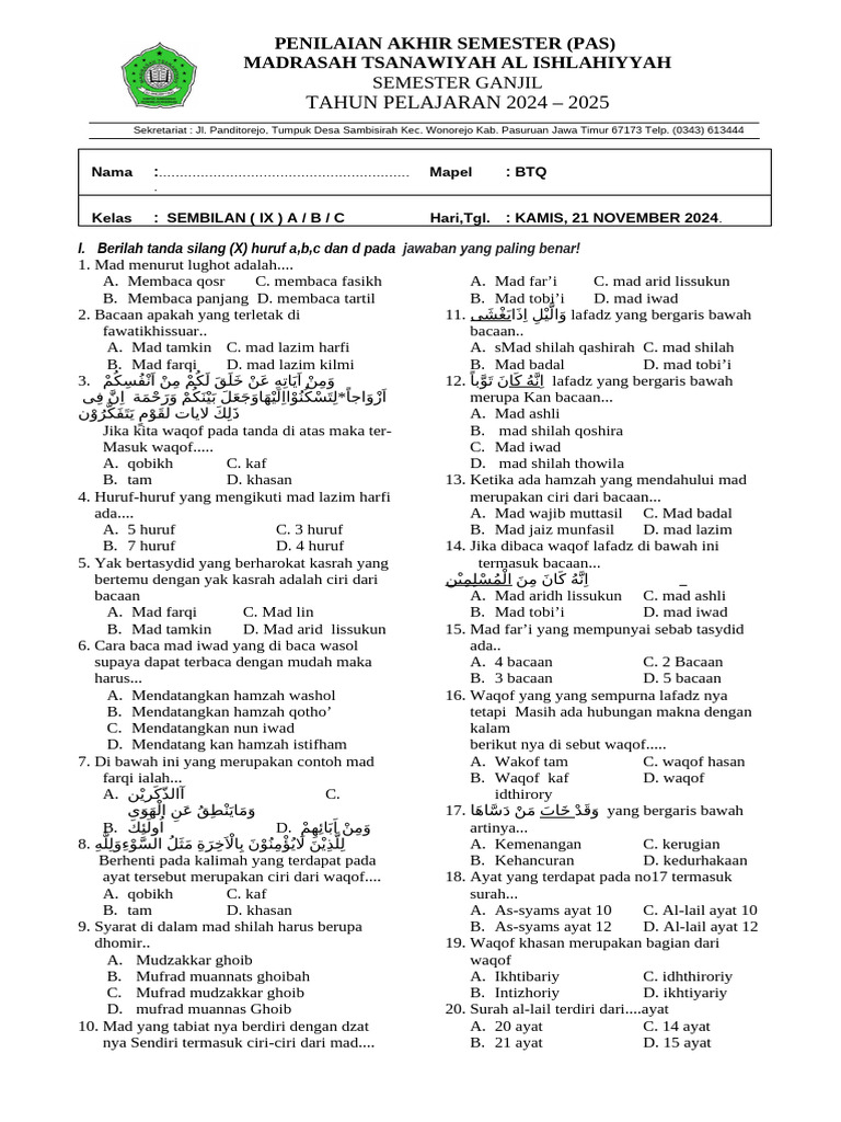 Pas BTQ Ganjil Kls Ix 2024-2025 | PDF