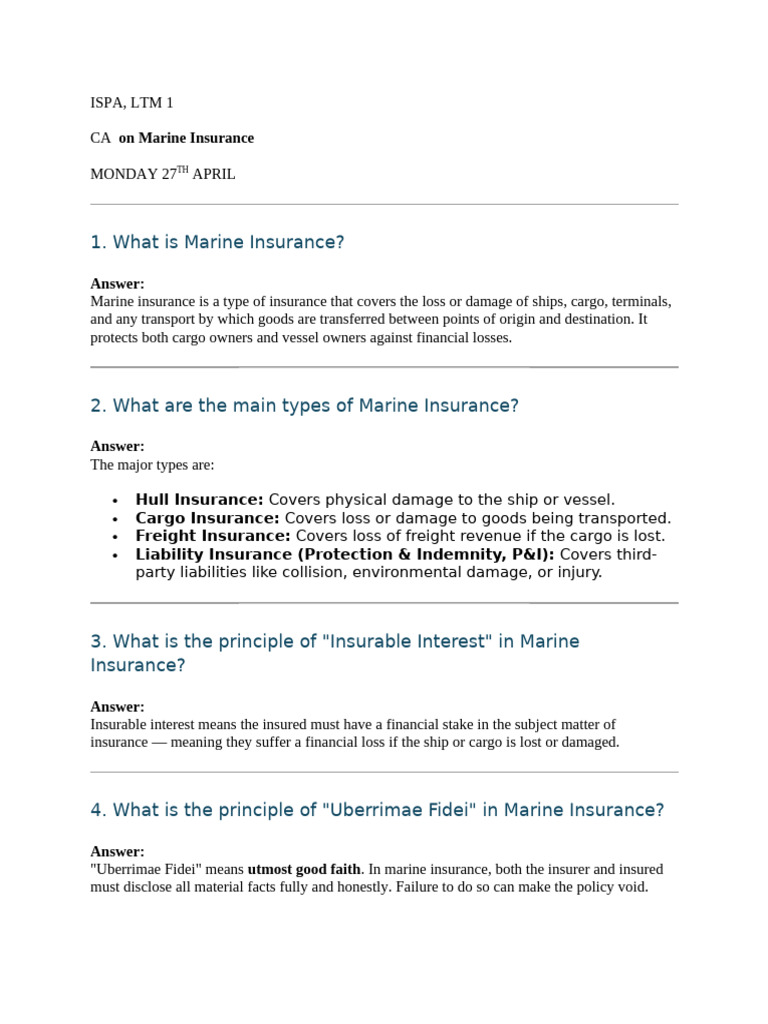 CA Questions On MARINE INSURANCE | PDF | Insurance | Financial Risk