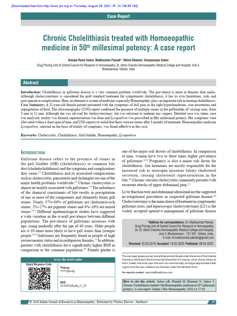 Chronic Cholelithiasis Treated With Homoeopathic Medicine in 50th | PDF ...