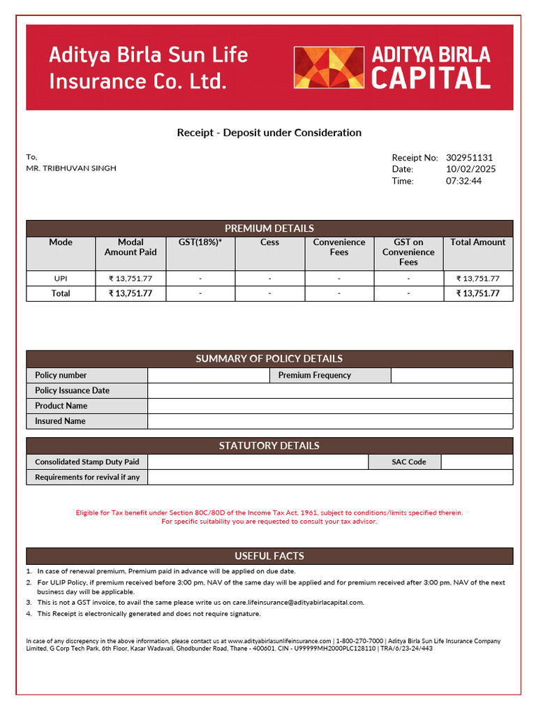 ABSLI_006650325_Reinstatement_10FEB2025_13751.77 | PDF | Payments | Government Finances