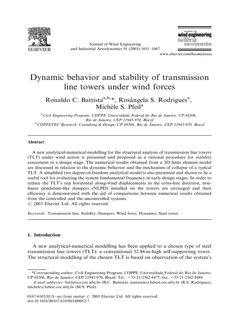 Dynamic Behavior and Stability of Transmission Line Towers Under Wind ...