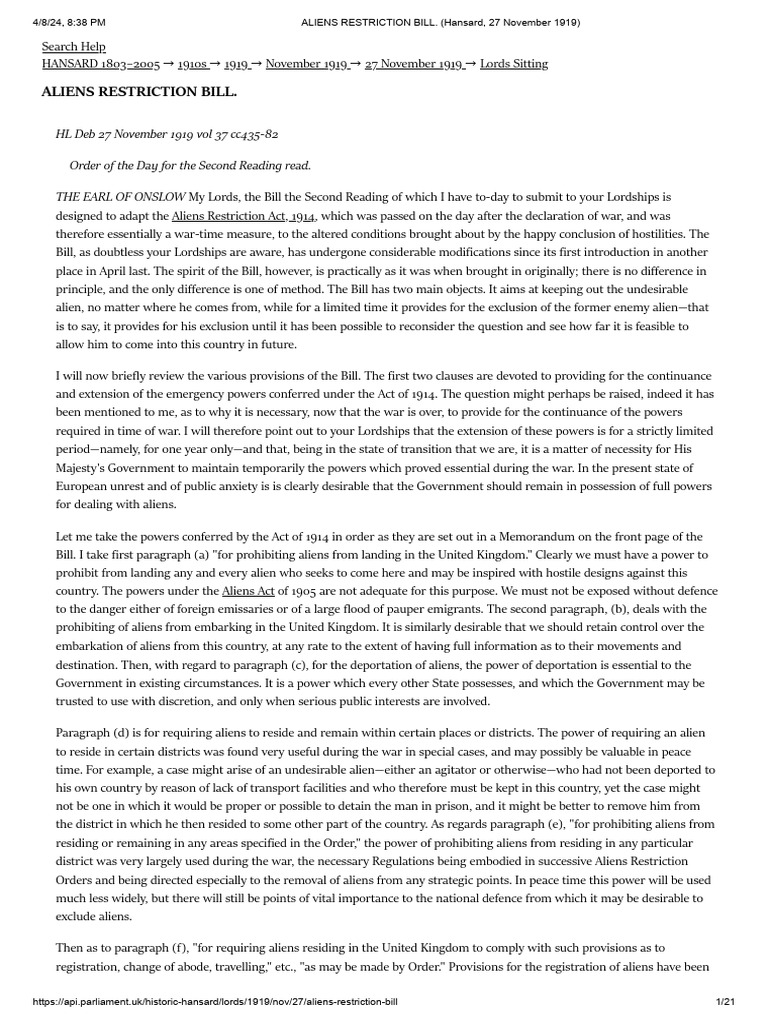 ALIENS RESTRICTION BILL. (Hansard, 27 November 1919) | PDF
