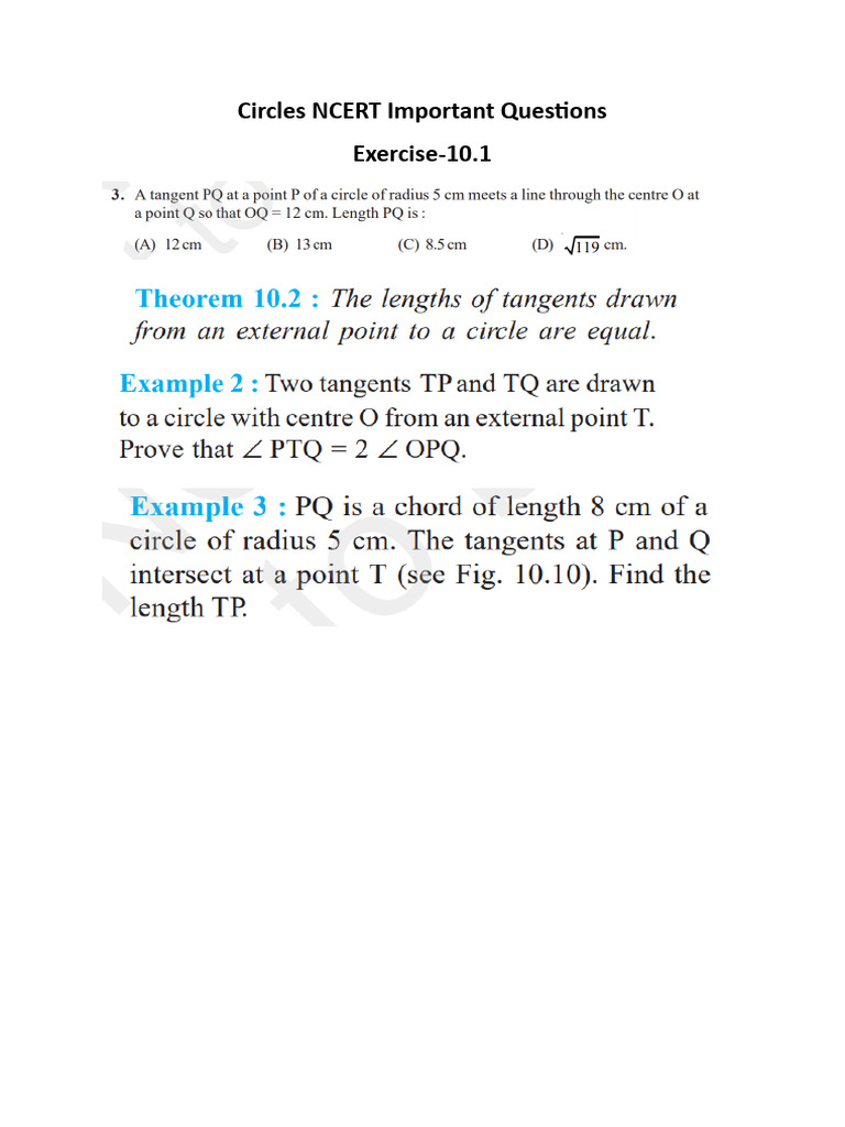 10.circles NCERT Important Questions | PDF