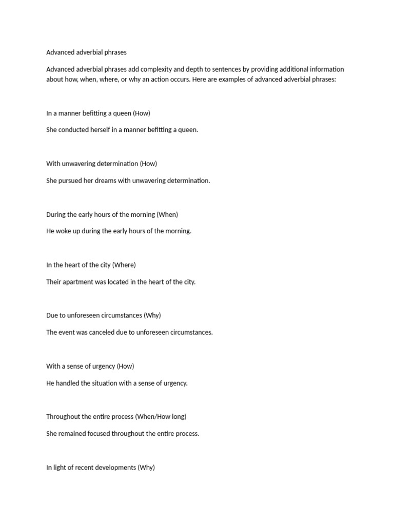 Advanced Adverbial Phrases Explained | PDF