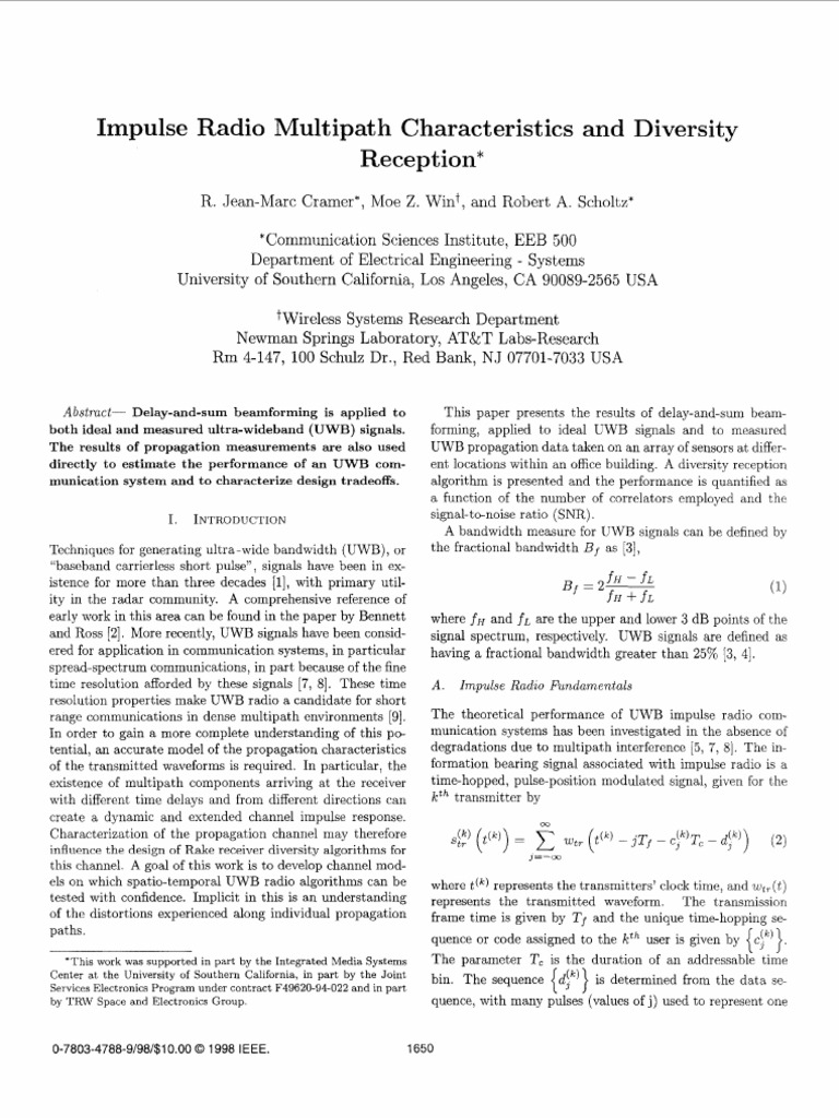 Impulse Radio Multipath Characteristics and Diversity Reception | PDF ...