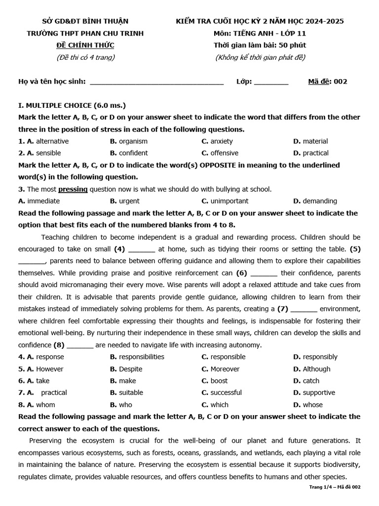 ĐỀ CHÍNH THỨC 002,THI HK2 ANH 11,2025,HÀ GIANG | PDF | Climate Change Mitigation | Sustainability