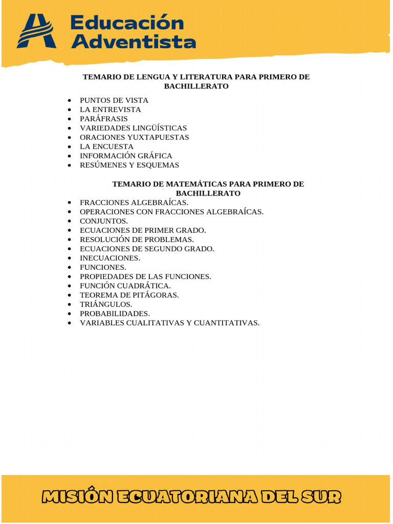 Temarios de 1ro Bachillerato | PDF