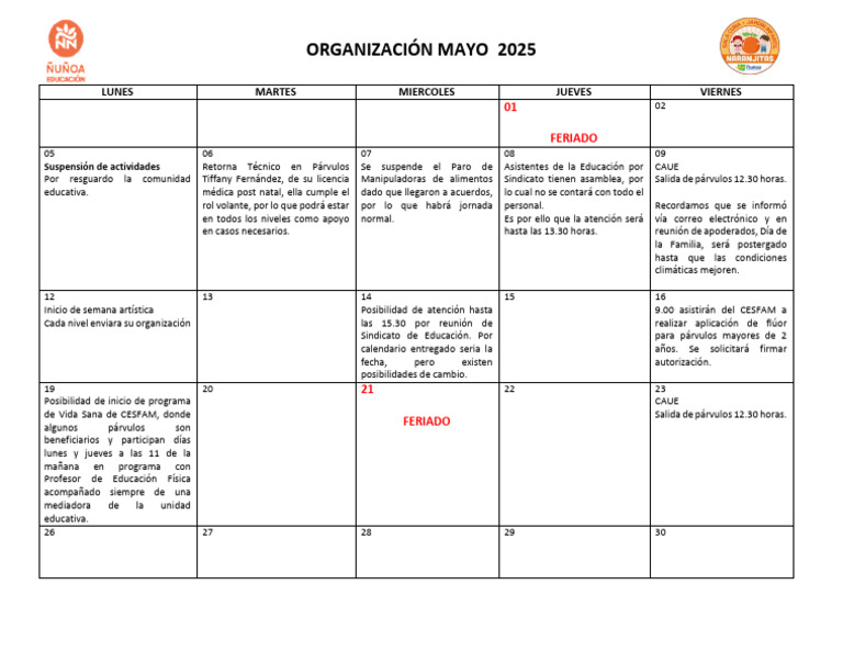 Calendario Mayo 2025 Familias | PDF