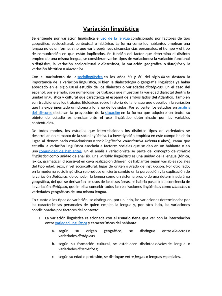 Tipos de variación lingüística en español | PDF | Sociolingüística ...