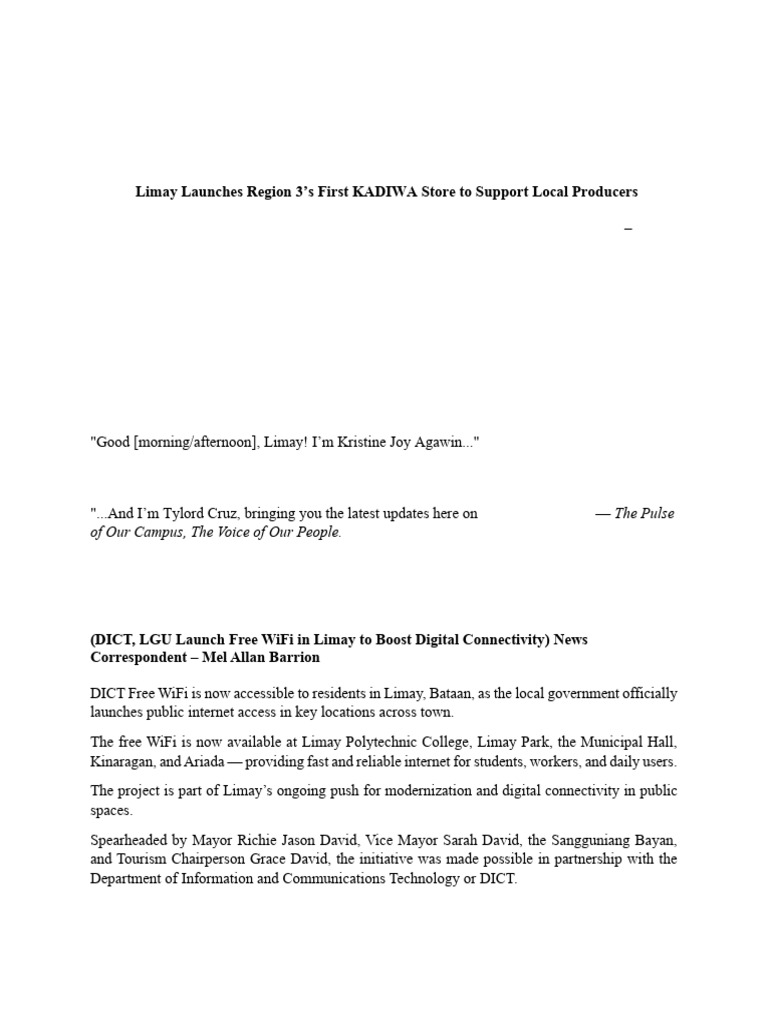 Limay News: WiFi, KADIWA, and LPC Updates | PDF | Street Light | Cost ...