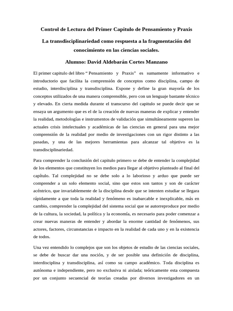 Control de Lectura Del Primer Capitulo de Pensamiento y Praxis | PDF | Conocimiento | Capital ...