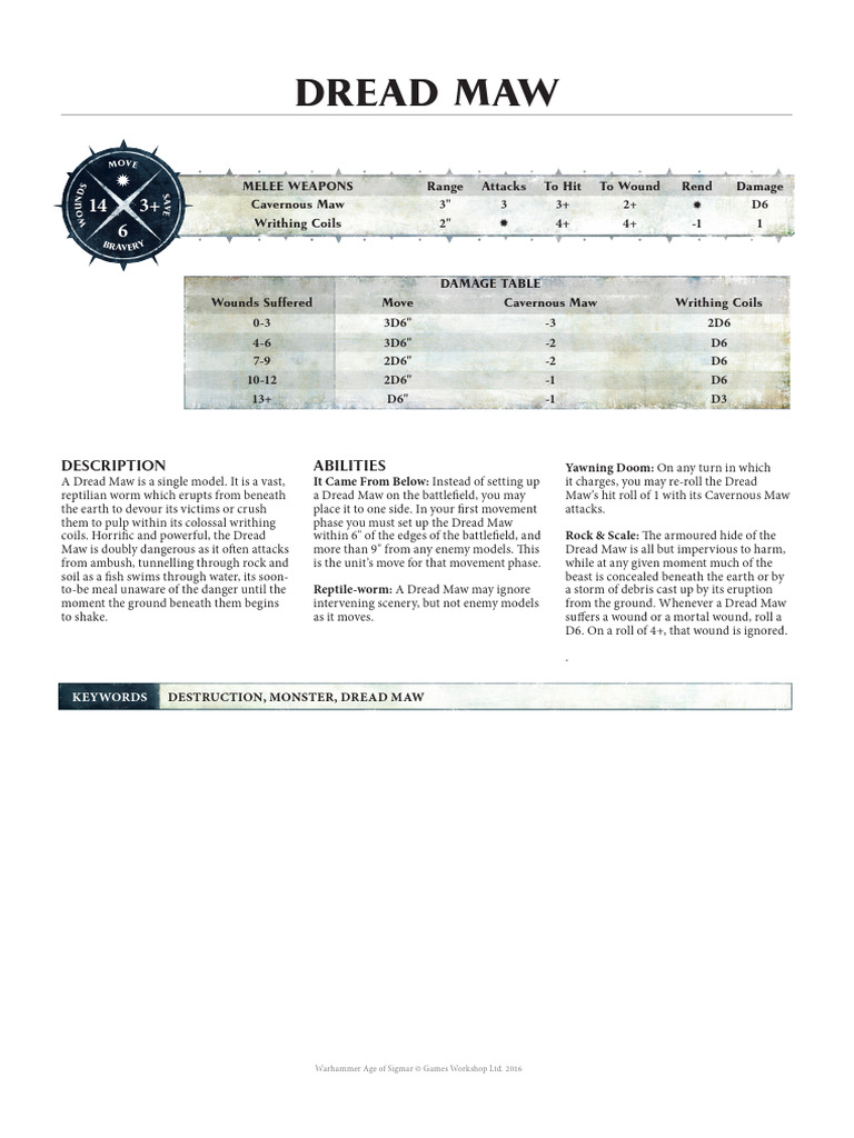 Dread Maw Datasheet for Age of Sigmar | PDF | Tabletop Games