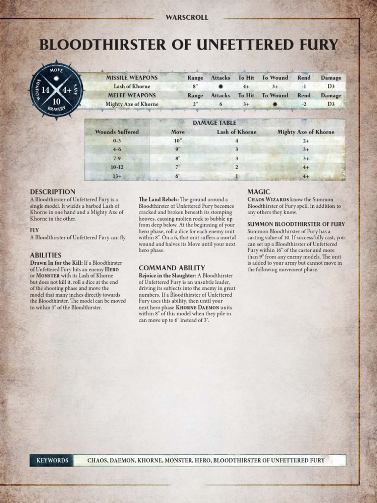 Bloodthirster of Unfettered Fury Warscroll | PDF | Role Playing Games ...