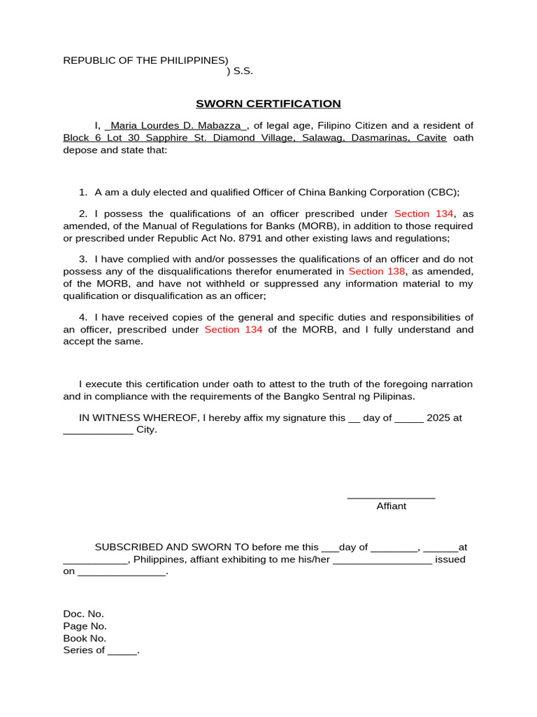 BSP - Sworn Certification Under Oath | PDF