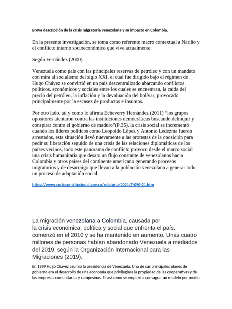 Breve Descripción de La Crisis Migratoria Venezolana y Su Impacto en ...